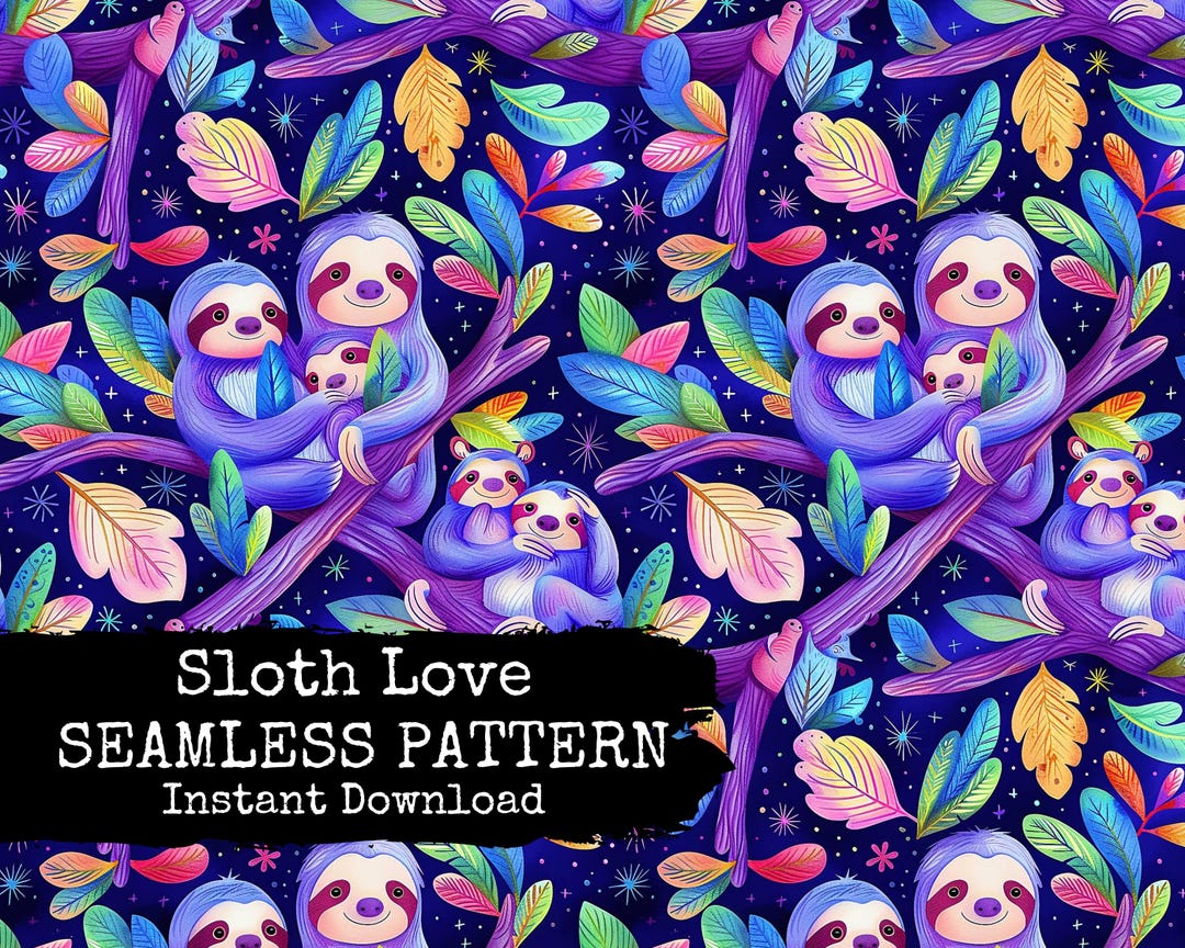 Sloth Seamless File for Kids - Sloth Family Digital Repeating Pattern ...