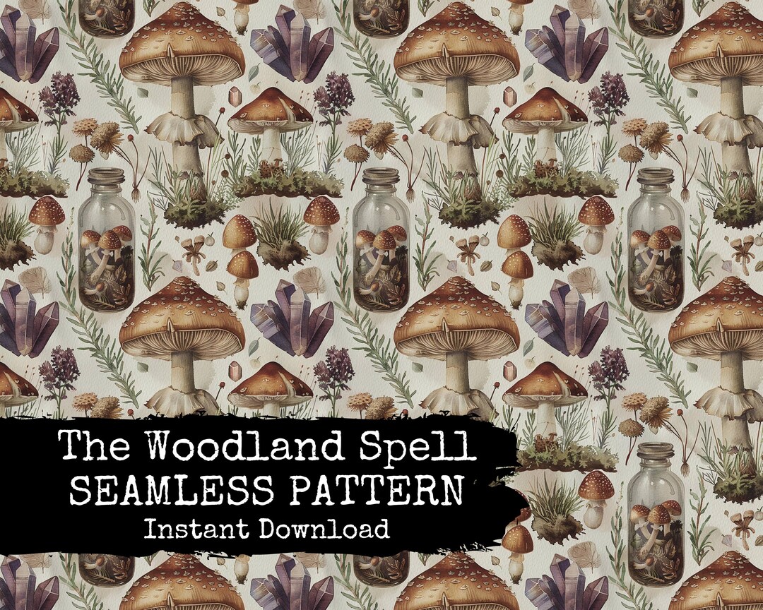 Forest Witch Seamless Digital File - Mushrooms Crystals and Spell Jars ...