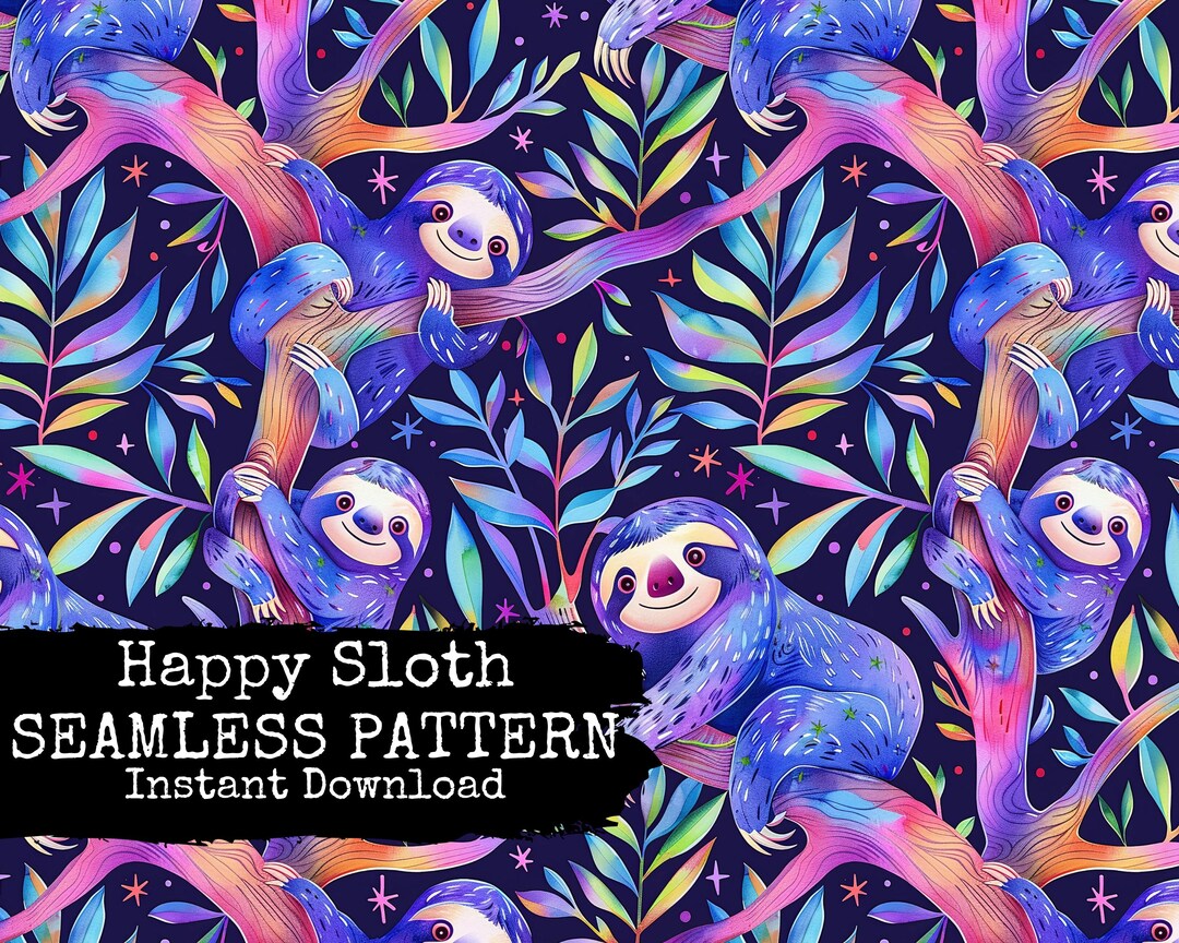 Cute Sloth Digital Seamless Design - Kids Neon Rainbow Colored ...