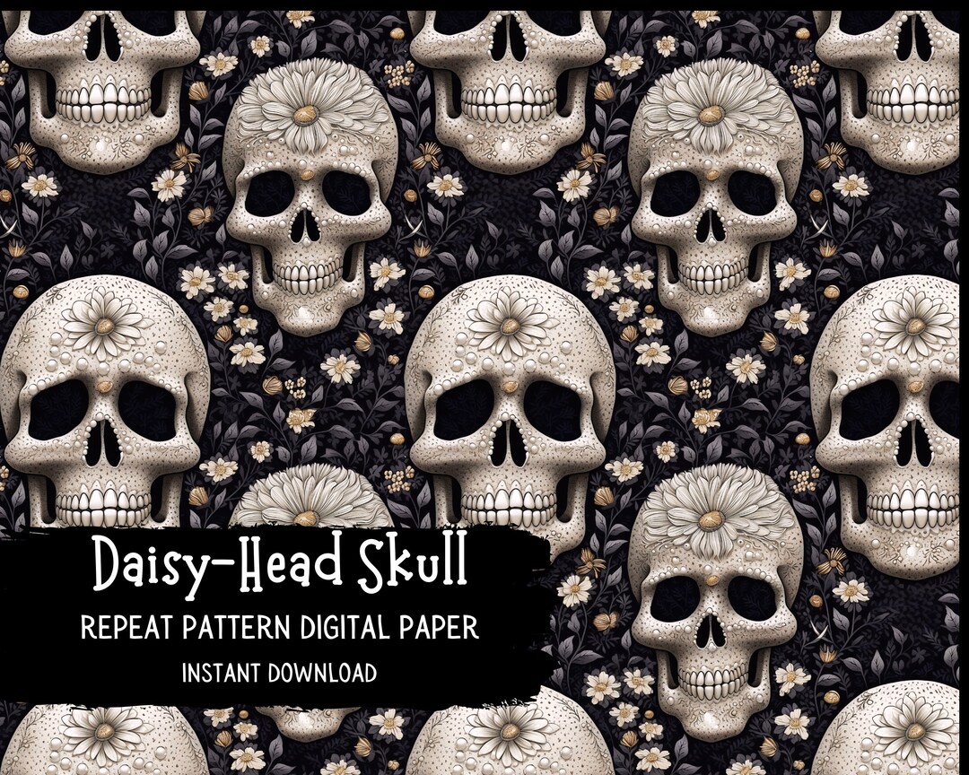 Goth Sugar Skulls Digital Paper - Daisy Skull Heads Seamless Pattern ...