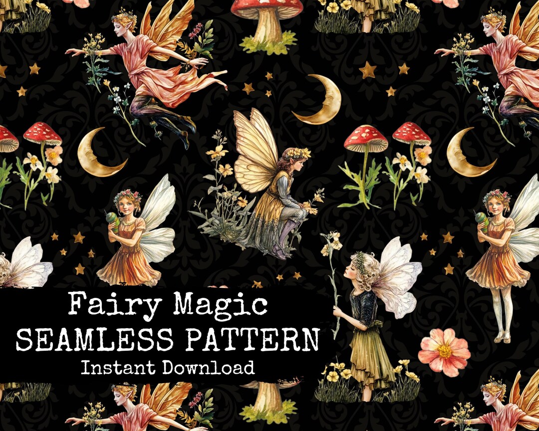 Vintage Fairy Seamless PNG - Retro Fae and Flowers Digital Repeating ...