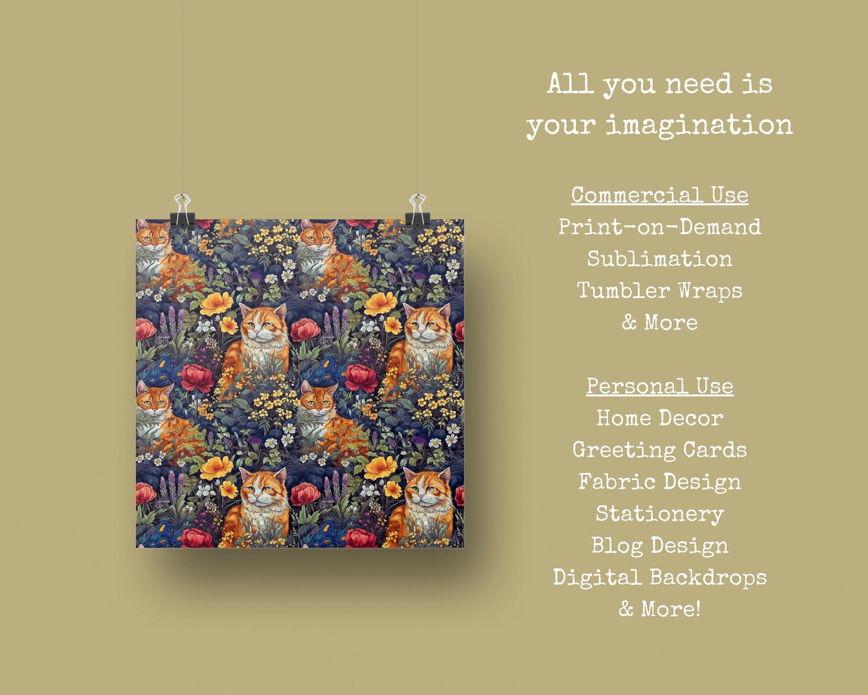 Cottagecore Cat Seamless Pattern File - Floral Cats Digital Paper for ...