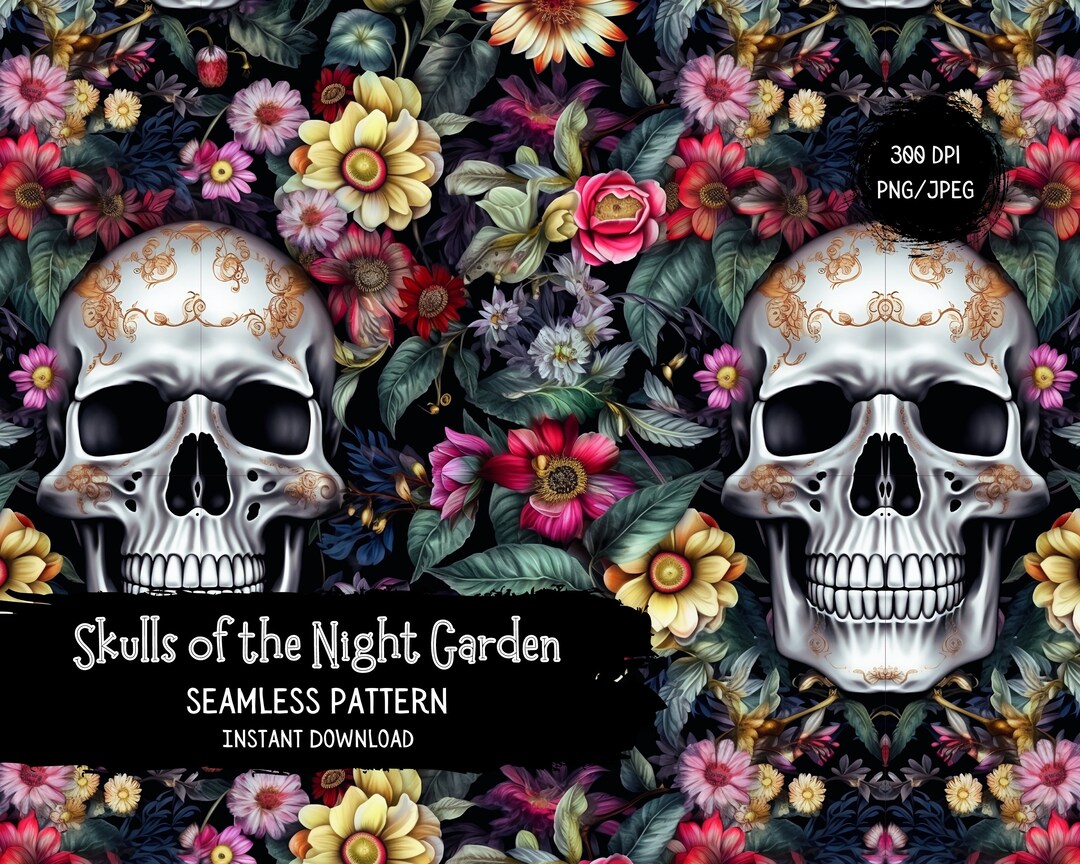 Sugar Skulls in Night Garden - Skull Seamless Pattern for Instant ...