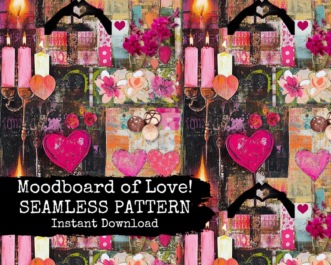 Valentine Mood Board Collage Seamless Pattern File - Romantic Hearts ...