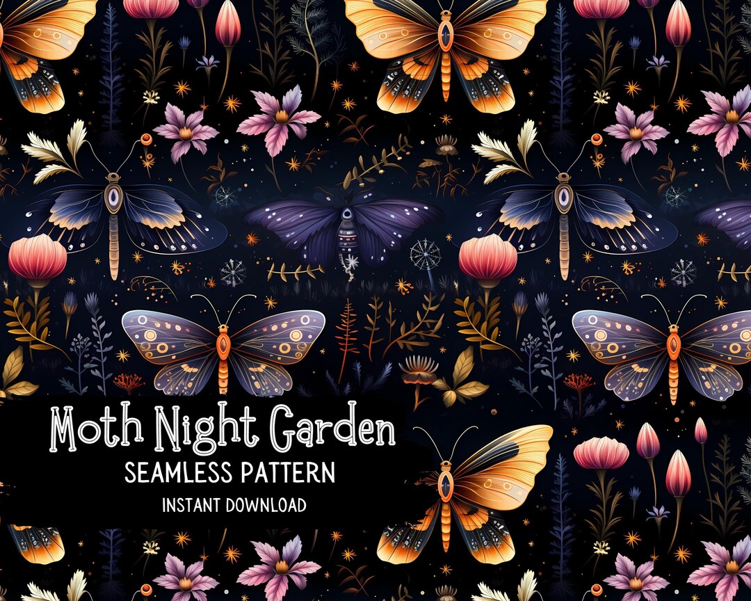 Witchy Night Garden Seamless Pattern File -- Moths, Mushrooms, and ...