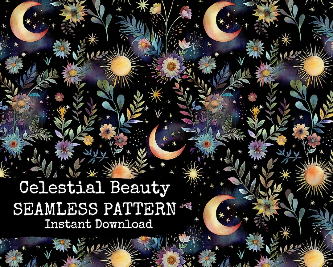 Celestial Moon Flowers Seamless Pattern File - Sun Moon Stars Floral ...
