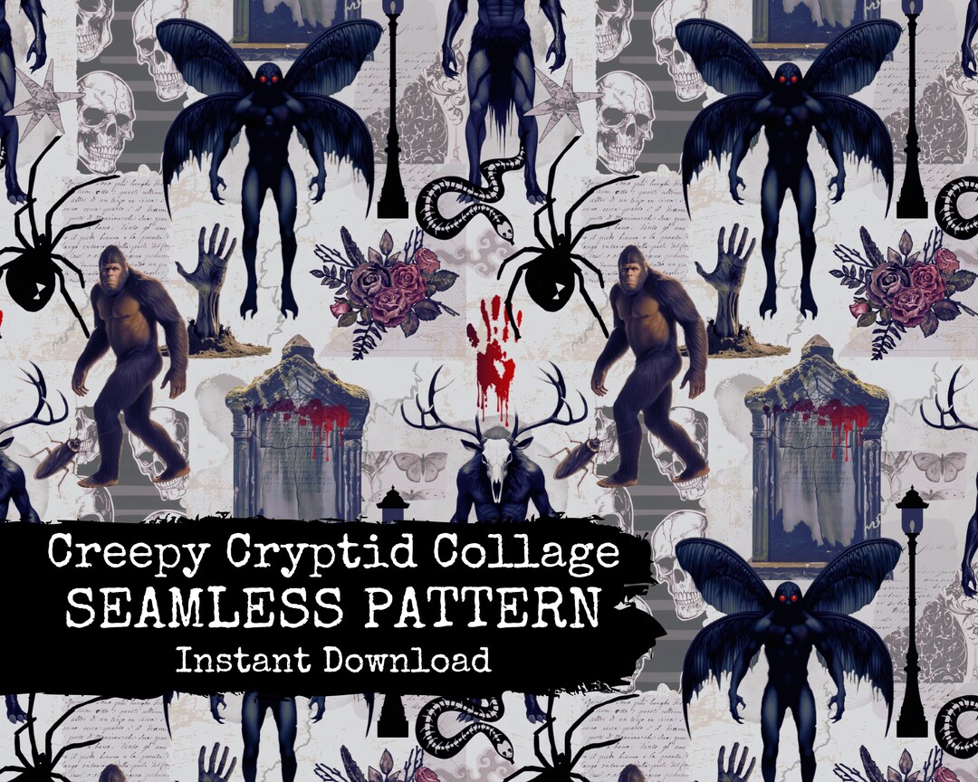 Cryptid Seamless File - Mothman Big Foot Wendigo Digital Collage ...