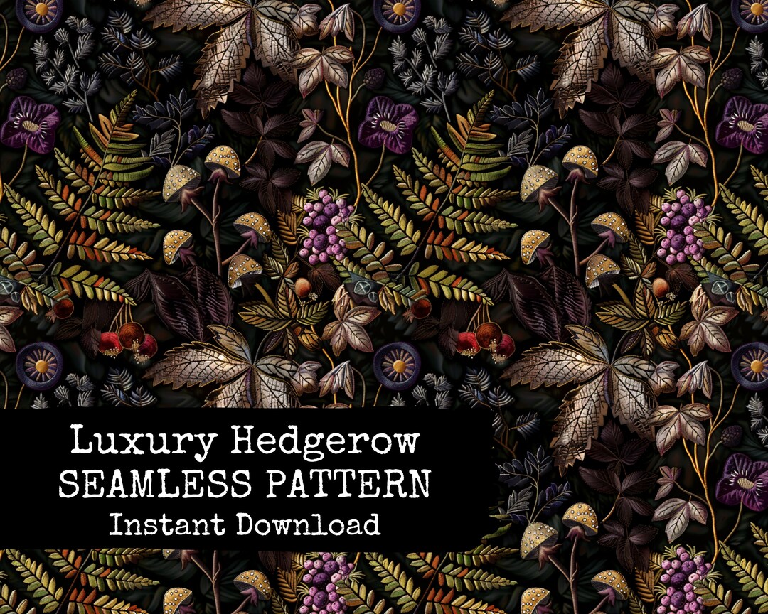 Luxury Hedgerow Seamless Pattern File - Ferns, Berries and Flowers Dark ...