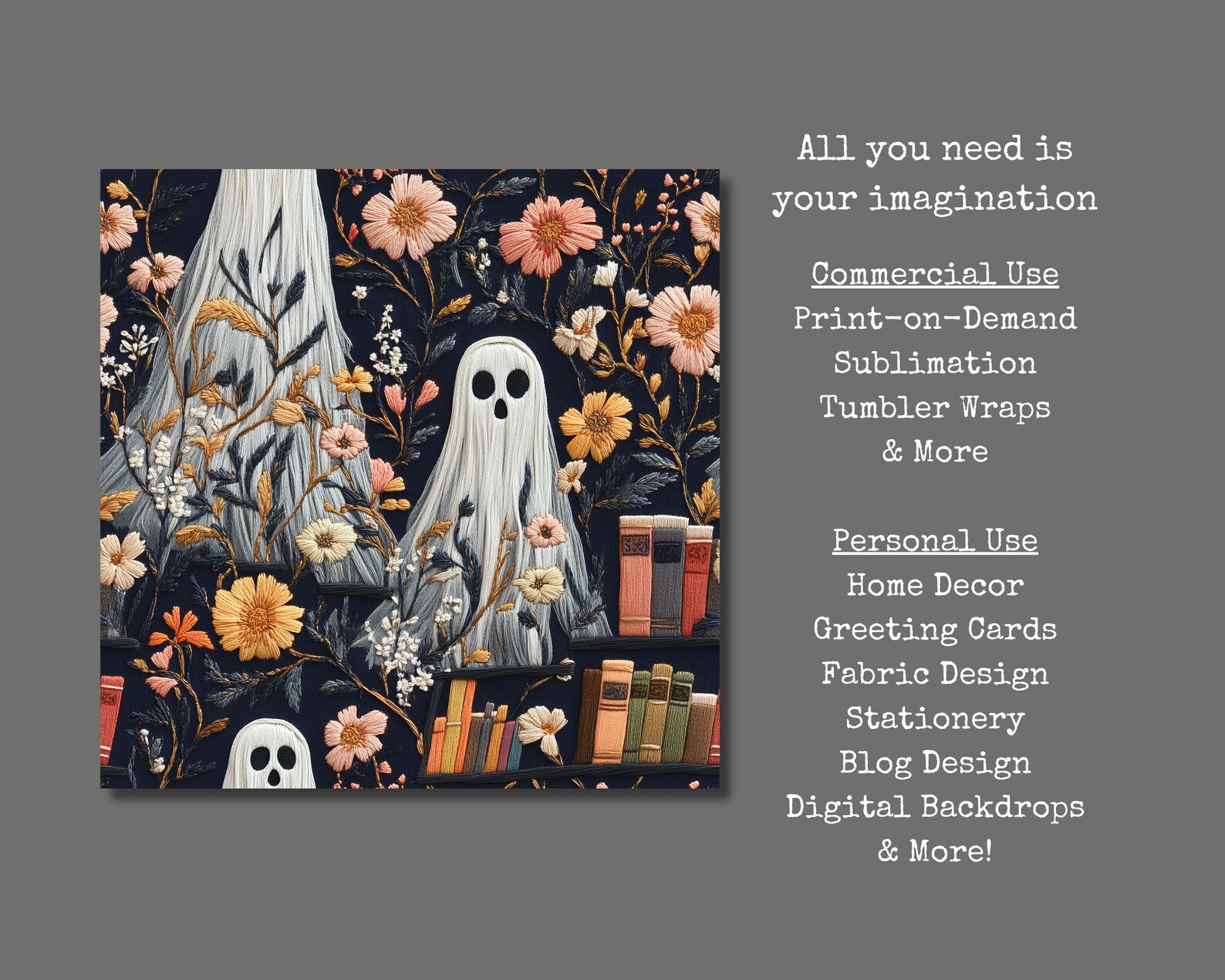 Boho Book Lovers Seamless Digital File - Ghost Floral Library Faux ...