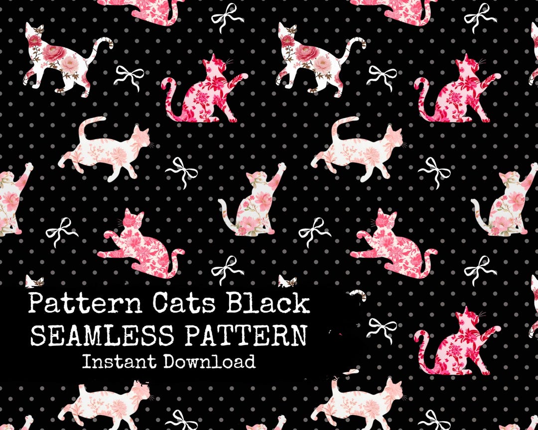 Coquette Cats Digital Seamless Print - Chinoiserie Cat in Pink Floral ...