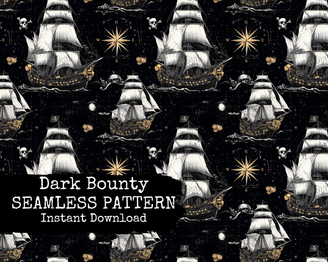 Kids Pirate Ships and Treasure Seamless Pattern File - Dark Aesthetic ...