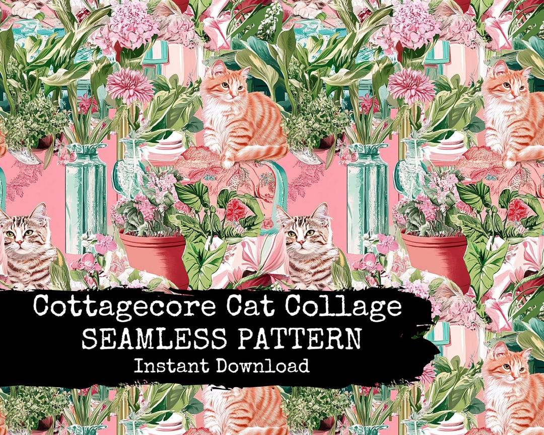 Cottagecore Cat Collage Seamless Pattern File - Cute Cozy Cats Digital ...