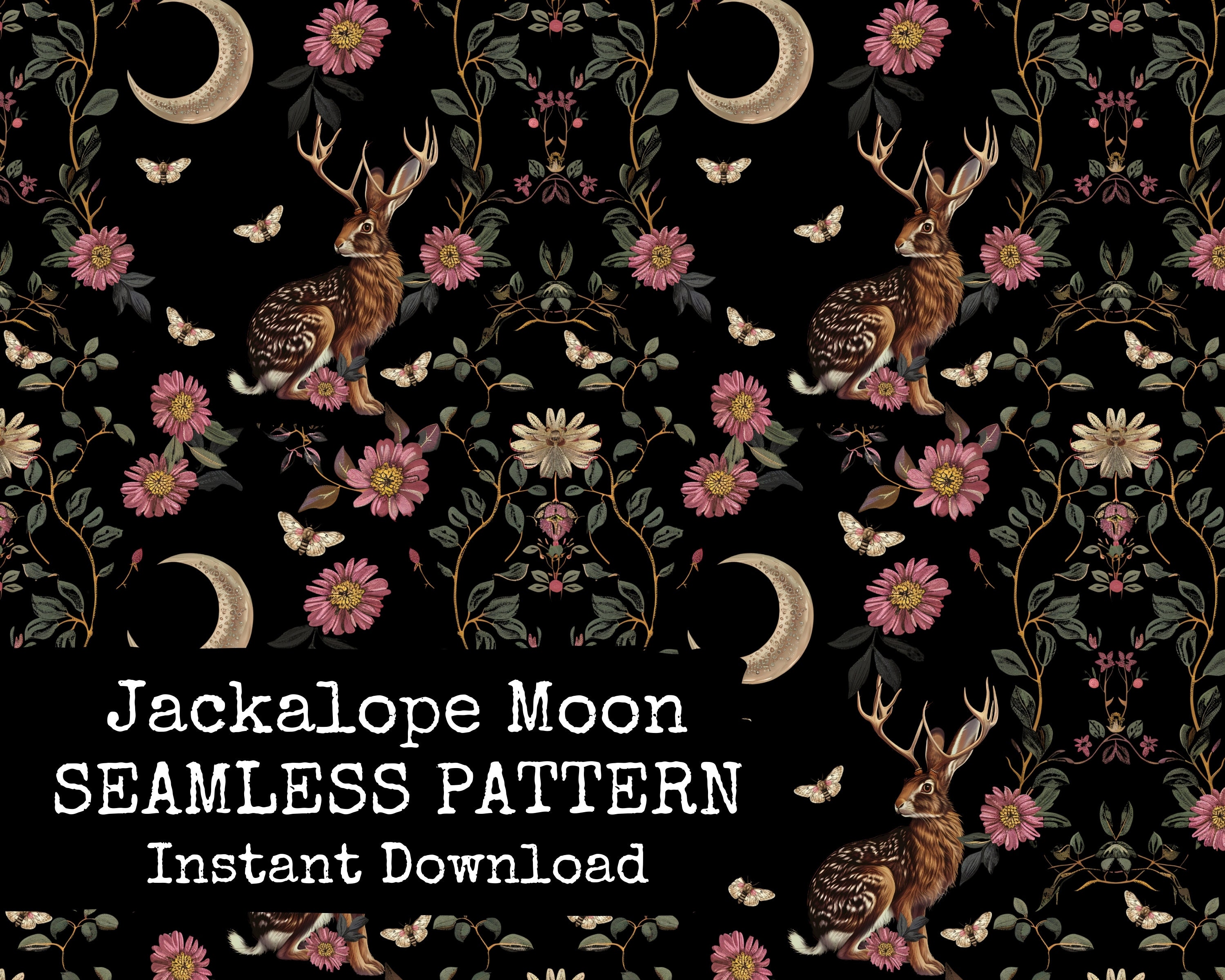 Jackalope Moon Seamless Pattern File - Cryptid Celestial Woodland ...