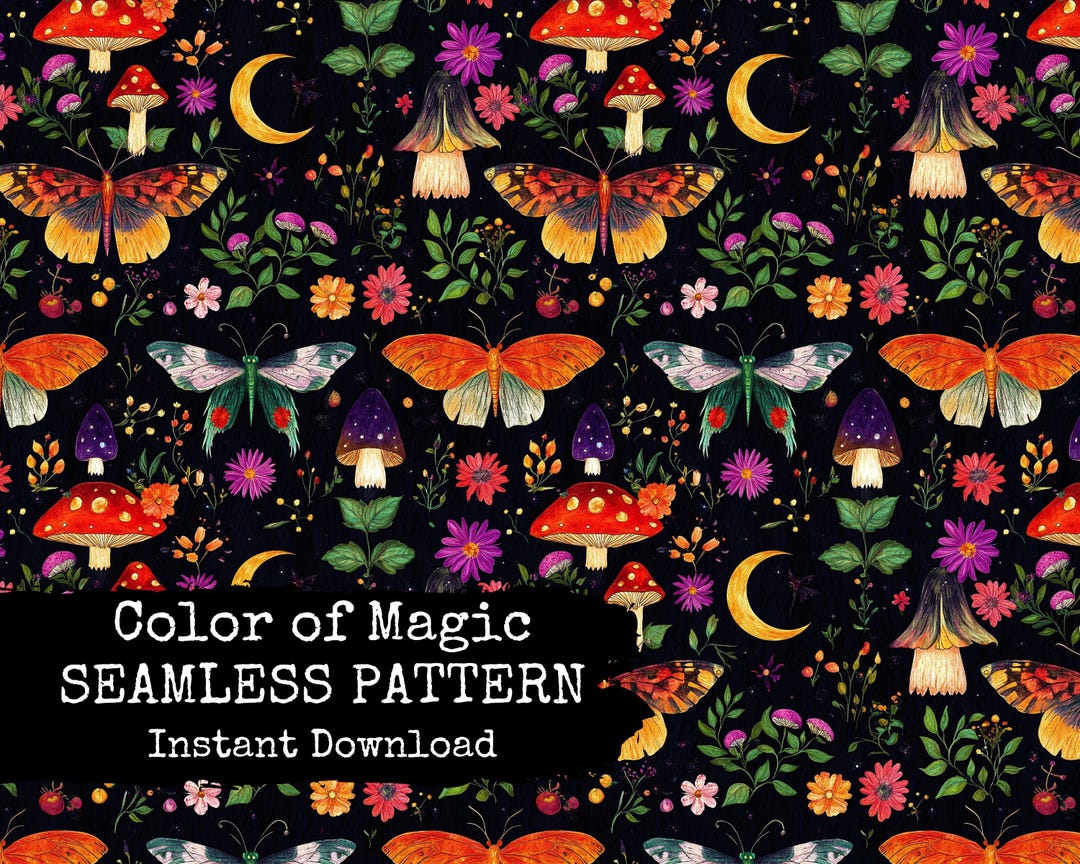 Witchy Night Garden Seamless Pattern File - Moon Moth and Mushrooms ...