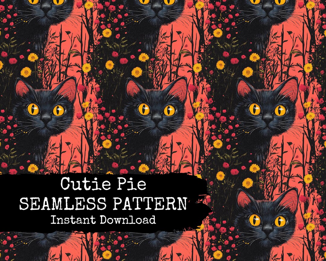 Cute Black Cat Digital Seamless Wallpaper Design - Flower Cat Repeating ...