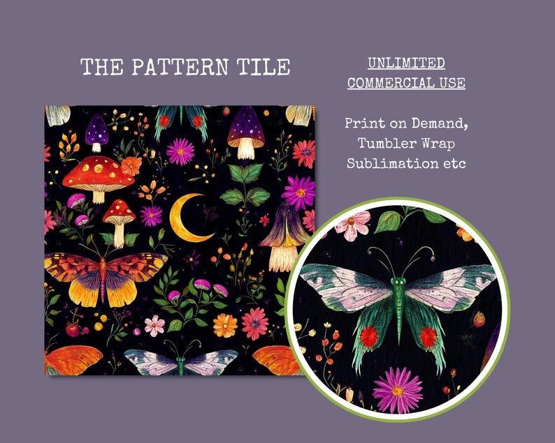 Witchy Night Garden Seamless Pattern File - Moon Moth and Mushrooms ...