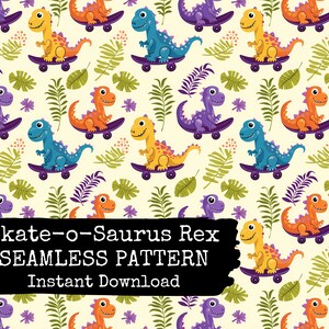 Skateboard Dinosaurs Seamless Pattern Surface Design - Kids Retro Dinosaurs Instant Download ...