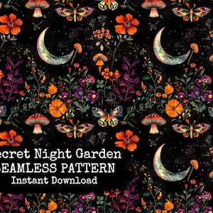 Witchy Night Garden Seamless Pattern File - Moon Witch Dark Botanicals ...