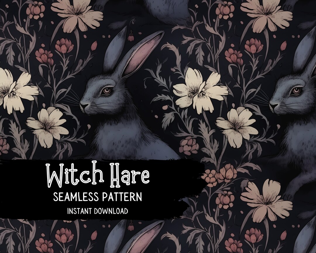 Vintage Witchy Seamless Pattern - Medieval Hare and Florals Digital ...