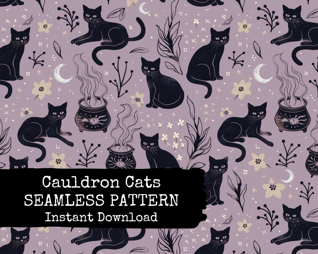 Witchy Seamless File - Cute Black Cats and Cauldrons Digital Pattern ...