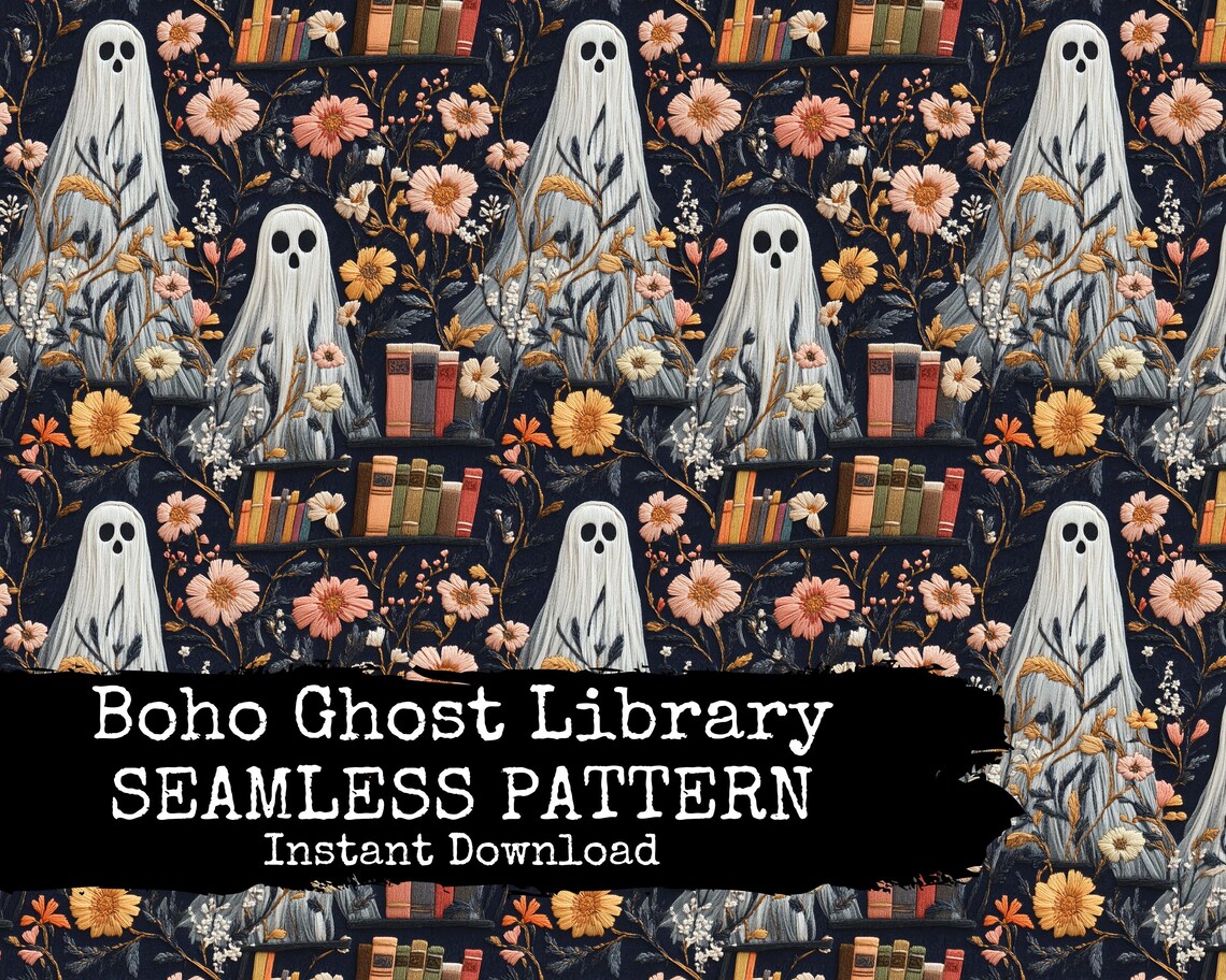 Boho Book Lovers Seamless Digital File - Ghost Floral Library Faux ...