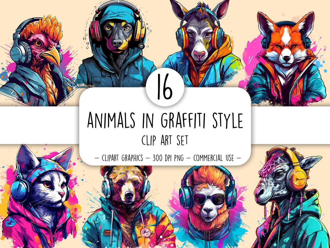 Animals in Graffiti Style Clip Art Set Digital Printable 80s - Etsy