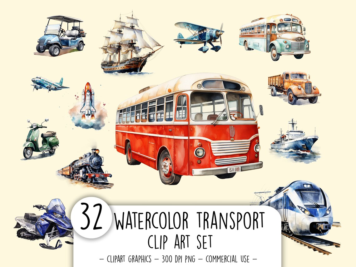 Watercolor Transportation Clipart Bundle FREE Commercial Use ...