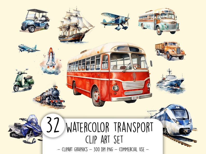 Watercolor Transportation Clipart Bundle FREE Commercial Use ...