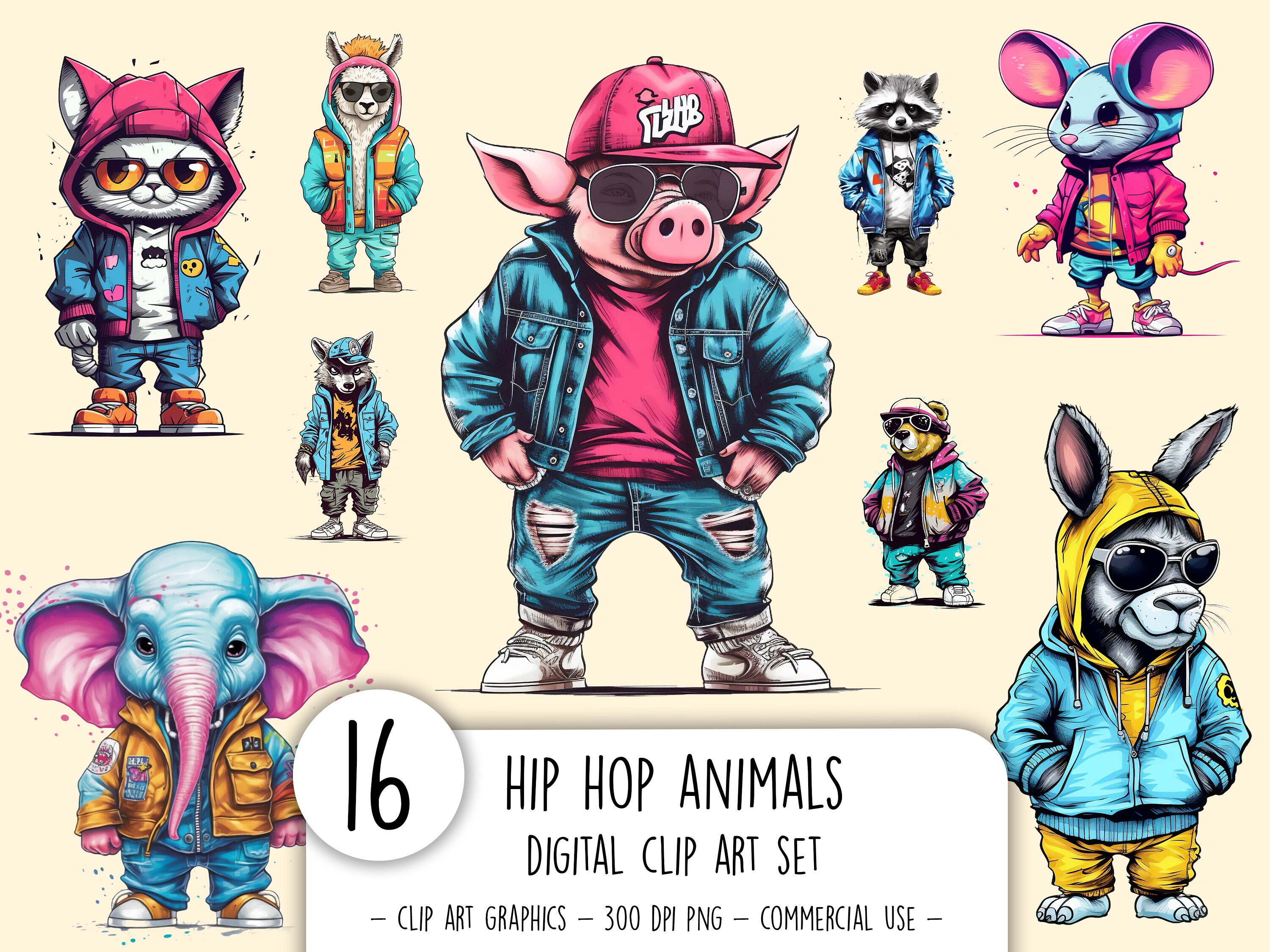 Animals in Graffiti Style Clip Art Set Digital Printable 80s Animal ...