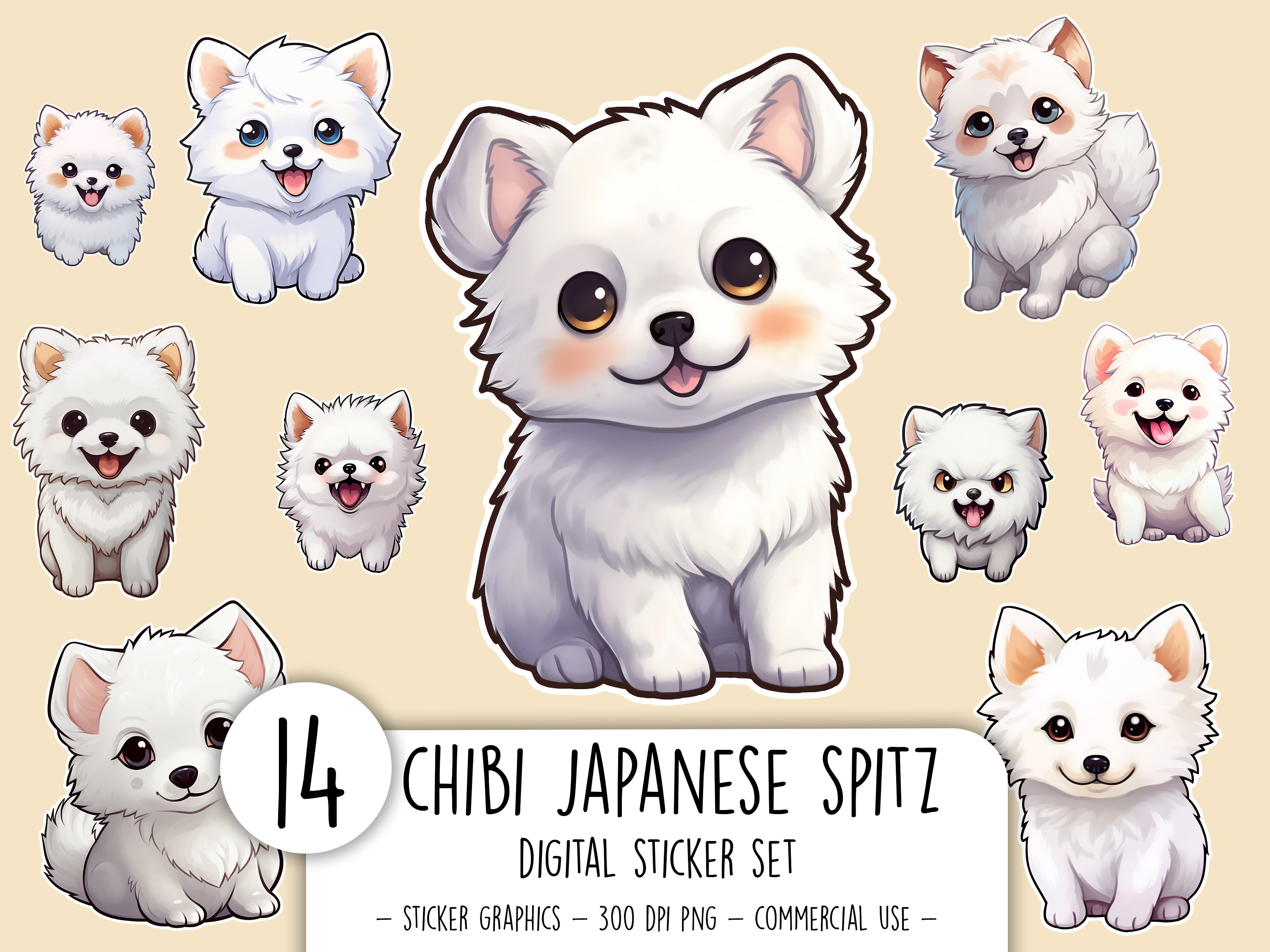 Chibi Japanese Spitz Sticker Set Cute Japanese Spitz Digital Printable ...