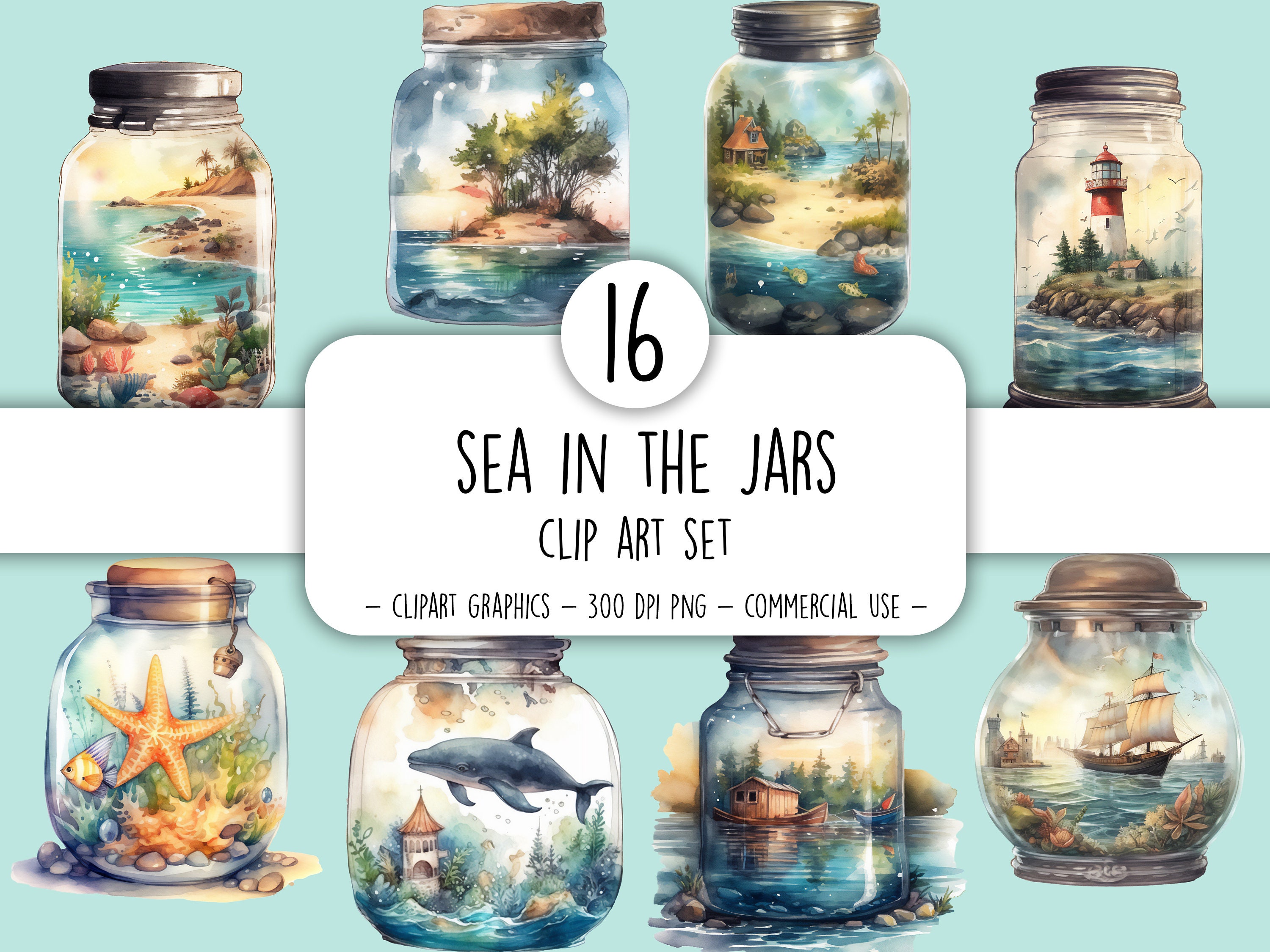 Watercolor Sea in the Jar Clip Art Printable Sea in a Jar Graphics ...