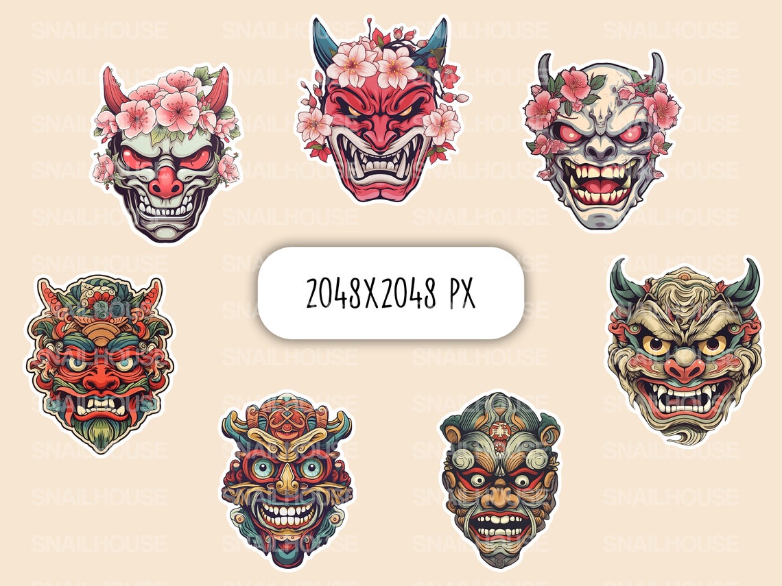 Traditional Japanese Mask Digital Sticker Bundle PNG Printable Japanese ...