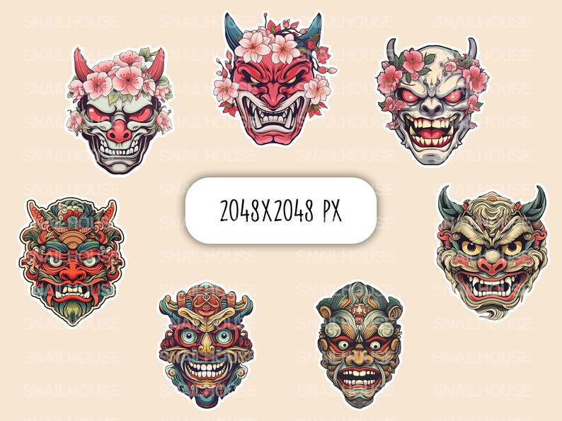 Traditional Japanese Mask Digital Sticker Bundle PNG Printable Japanese ...
