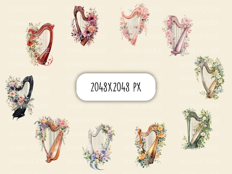 Watercolor Floral Harp Clipart for Wedding Invitations, Scrapbooking ...