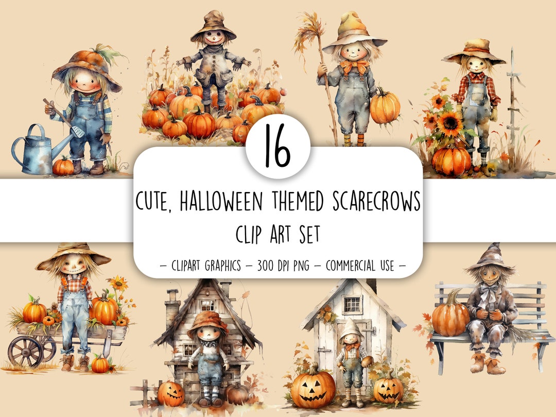 Watercolor Cute Halloween Themed Scarecrows Clip Art Set FREE ...