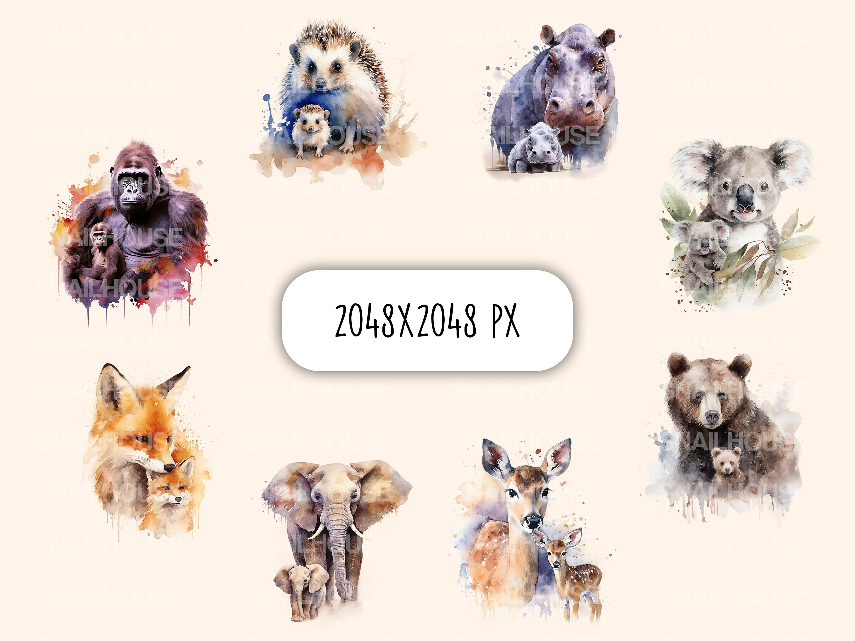 Baby and Mom Animal Clipart, Commercial Use Watercolor Animal Clipart ...