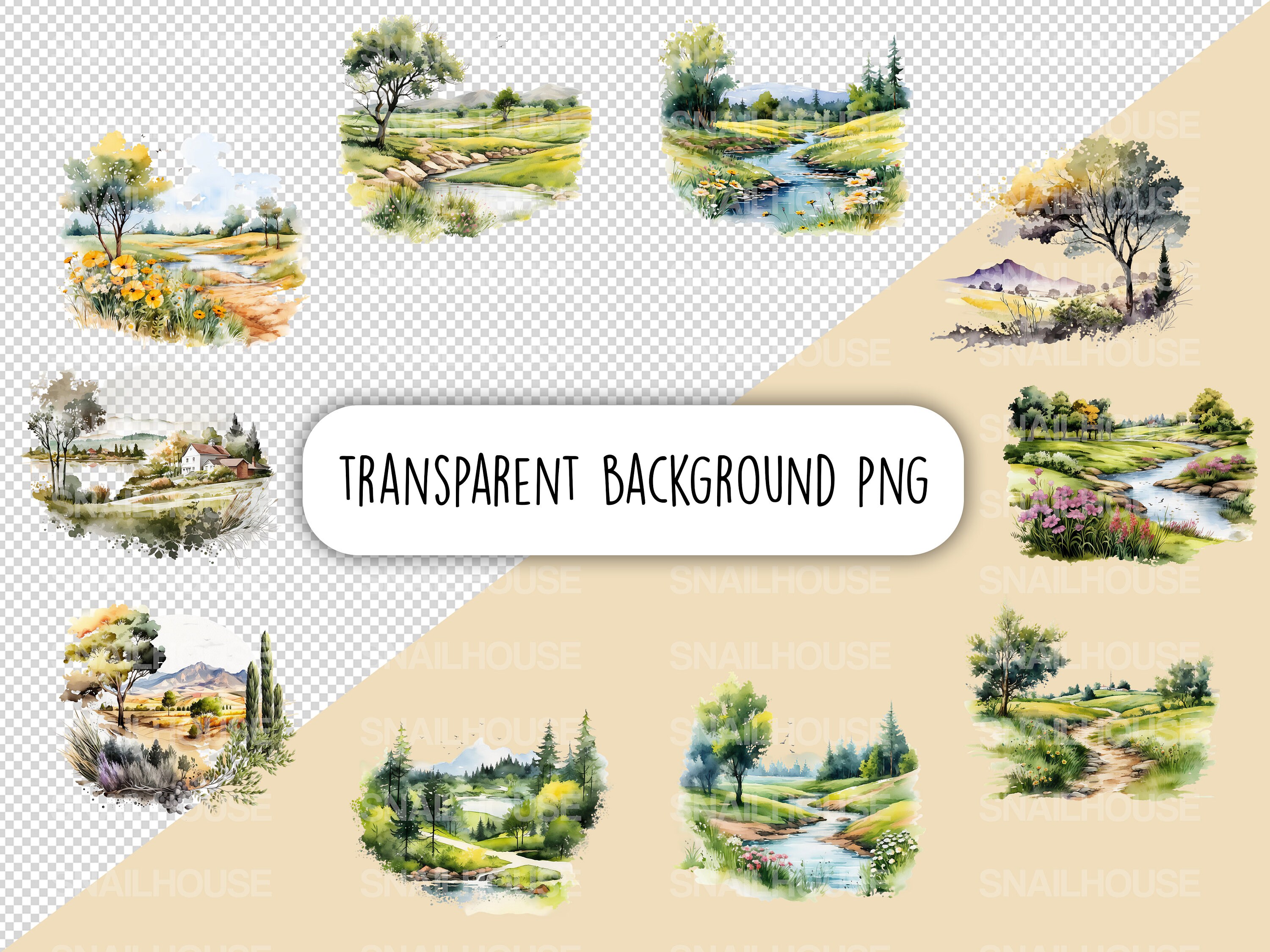 Watercolor Summer Landscape Clipart Bundle Commercially FREE Nature ...