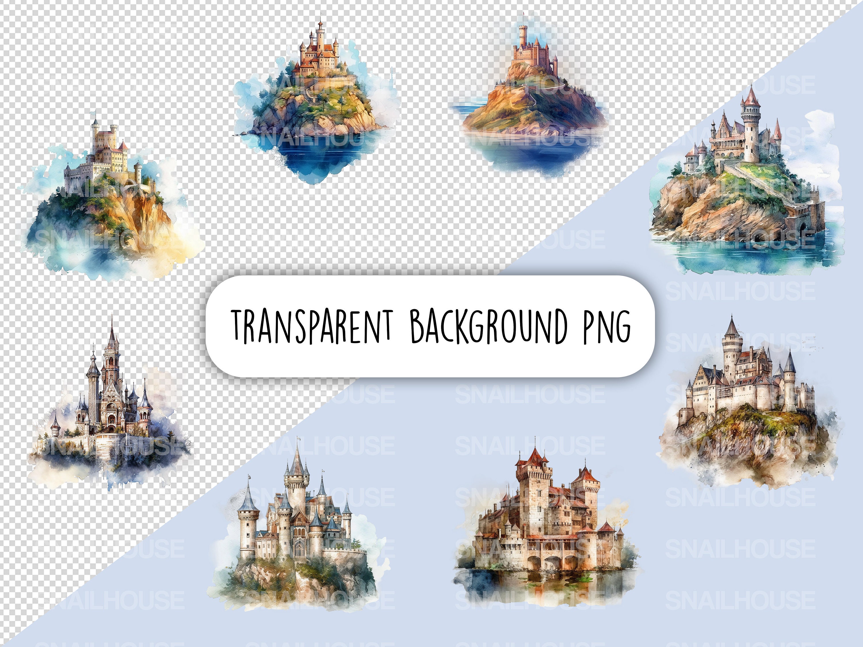 Watercolor Castles on Hill Clip Art Set Printable Castle Graphics FREE ...