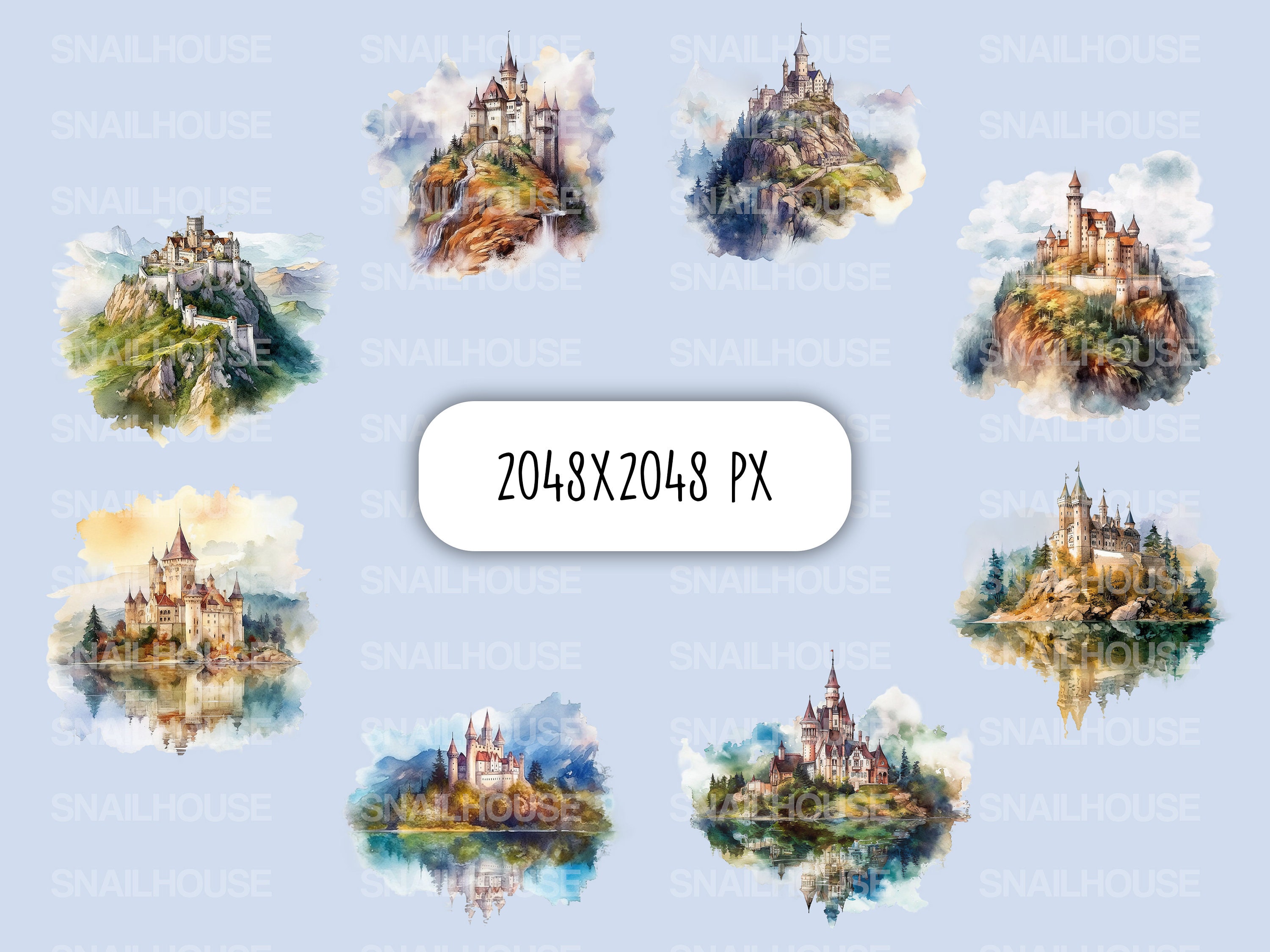 Watercolor Castles on Hill Clip Art Set Printable Castle Graphics FREE ...