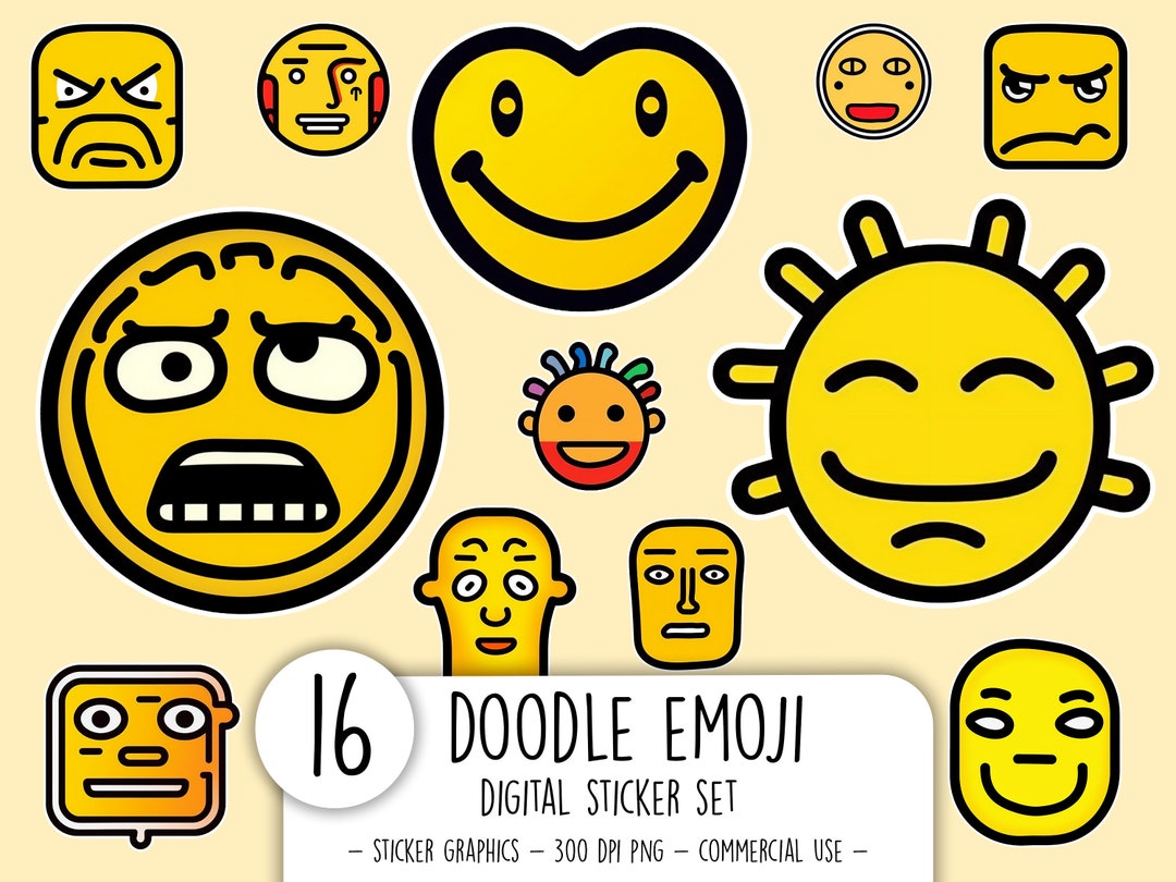 Doodle Emoji Sticker Set Emoji Digital Stickers Doodle Emojis Stickers ...