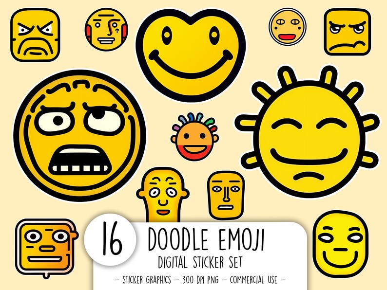 Doodle Emoji Sticker Set Emoji Digital Stickers Doodle Emojis Stickers ...