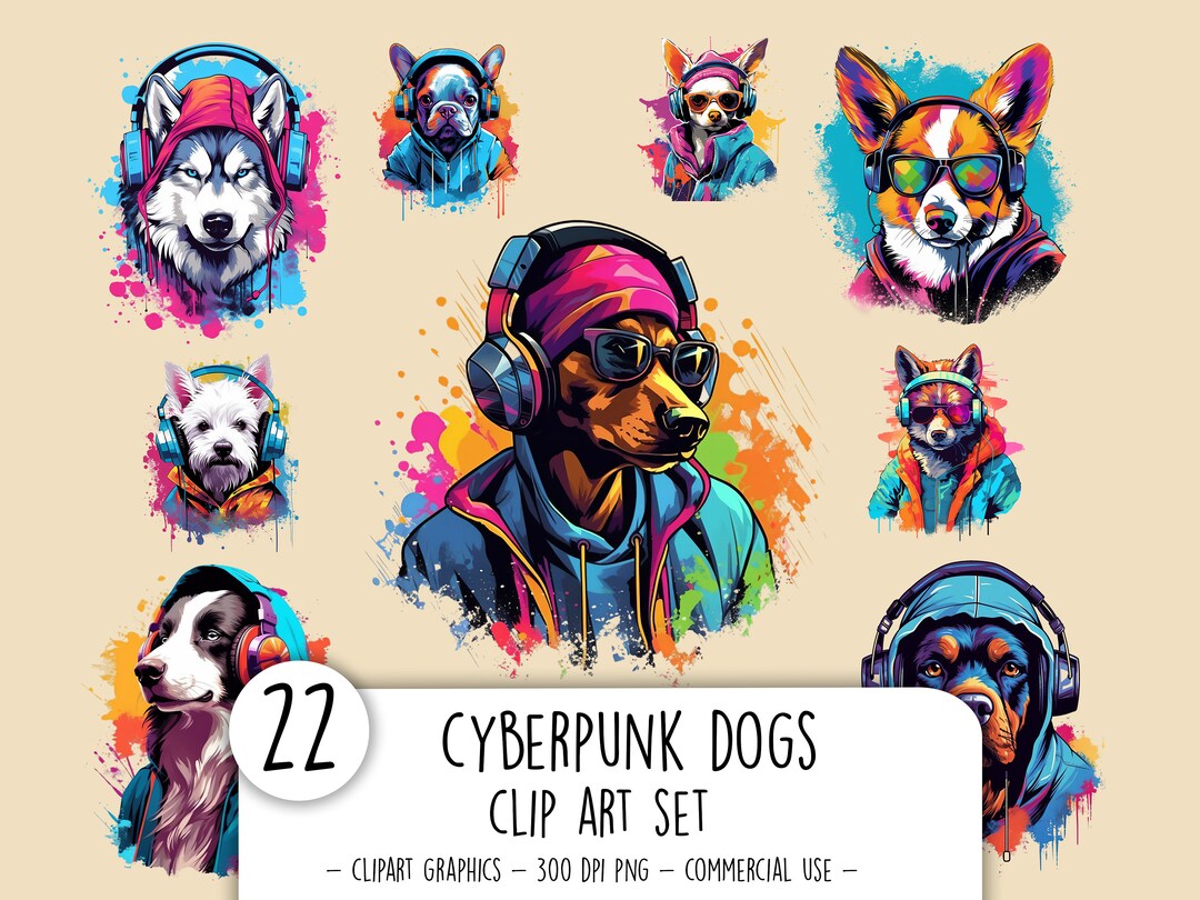 Cyberpunk Dogs in Graffiti Style Clip Art Bundle Digital Printable Dog ...