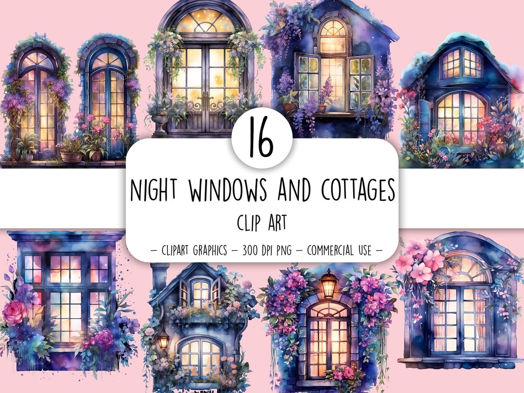 Watercolor Night Windows and Cottages Clip Art FREE Commercial Use ...