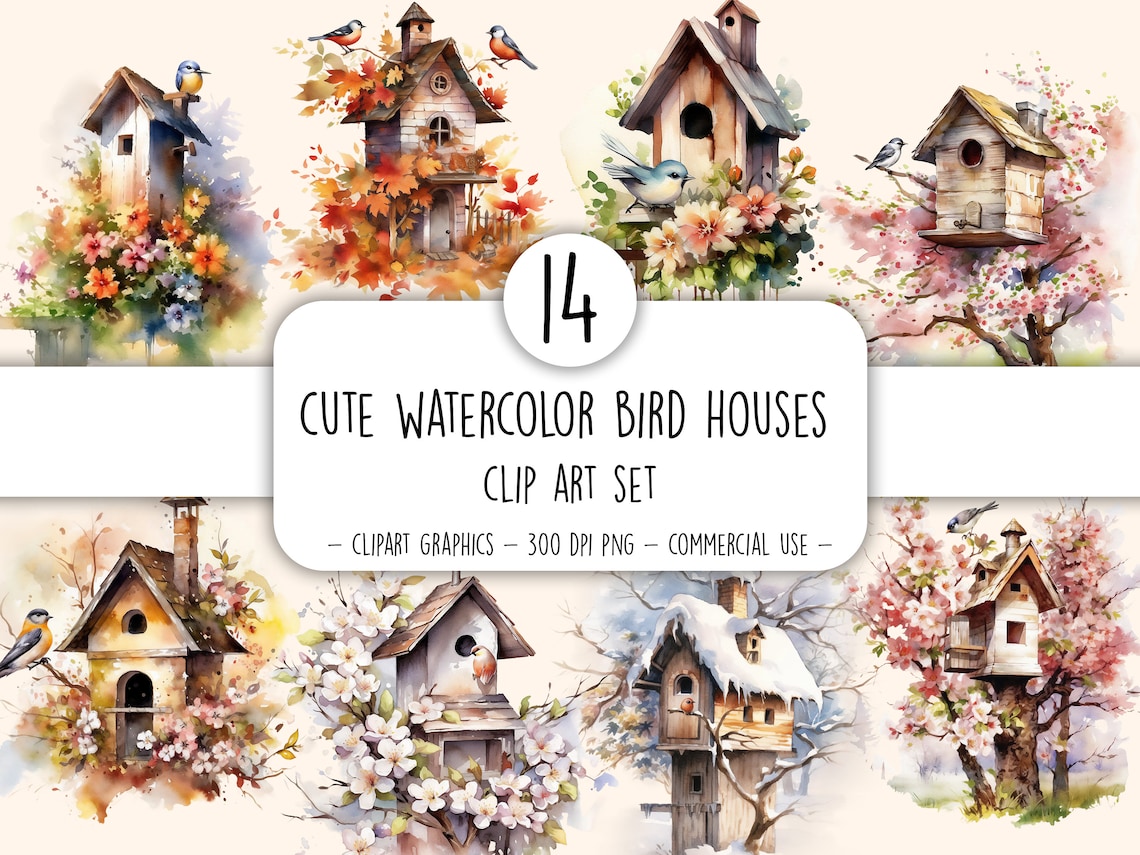 Watercolor Cute Bird Houses Clip Art Set FREE Commercial Use Printable ...