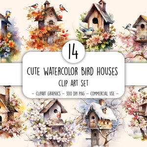 Watercolor Cute Bird Houses Clip Art Set FREE Commercial Use Printable ...