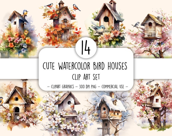 Watercolor Cute Bird Houses Clip Art Set FREE Commercial Use Printable ...