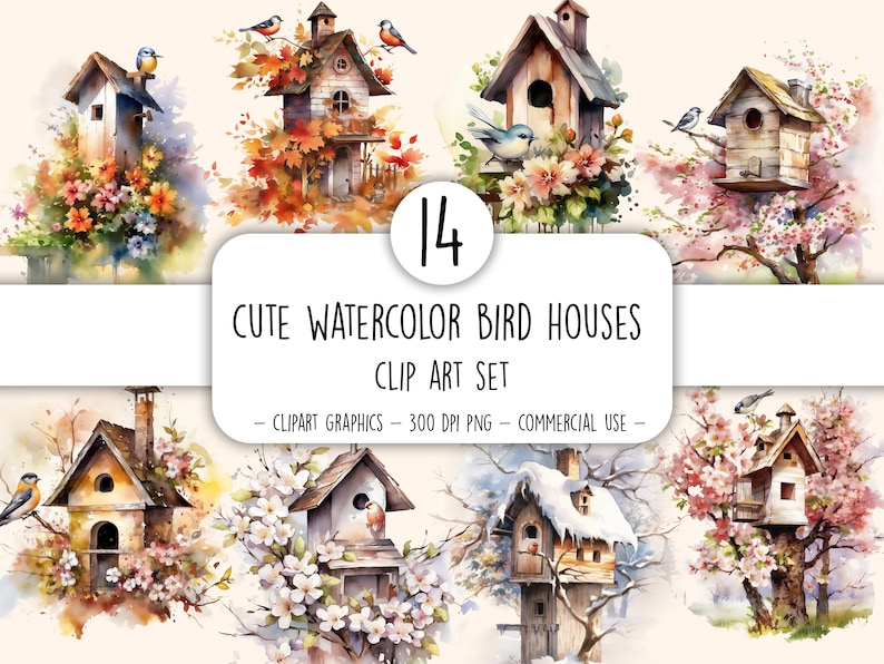 Watercolor Cute Bird Houses Clip Art Set FREE Commercial Use Printable ...
