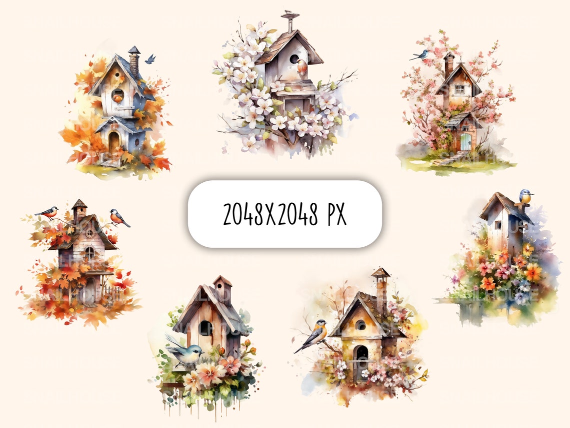 Watercolor Cute Bird Houses Clip Art Set FREE Commercial Use Printable ...