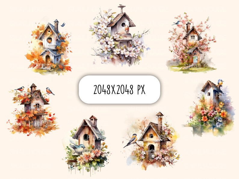 Watercolor Cute Bird Houses Clip Art Set FREE Commercial Use Printable ...