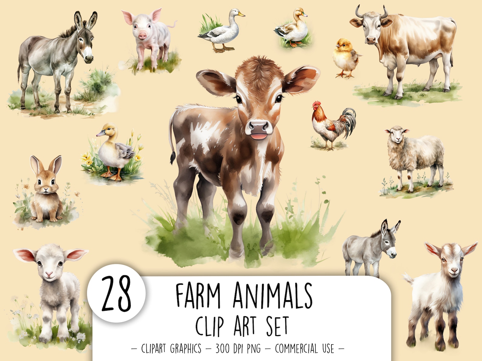 Watercolor Farm Animals Clipart Bundle FREE Commercial Use - Etsy